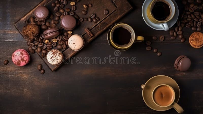 Coffee Cup and Beans on Old Kitchen Table. Top View, Generative Ai ...