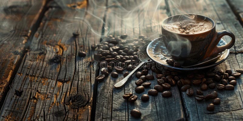 Coffee Cup with Coffee Beans on Wood Stock Image - Image of latte ...