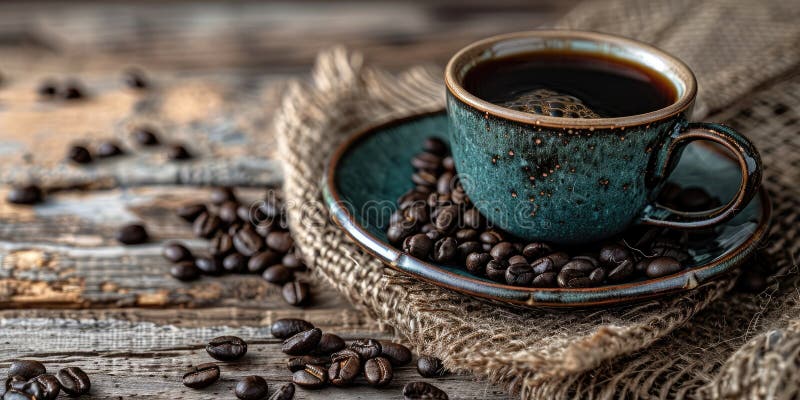 Coffee Cup with Coffee Beans on Wood Stock Photo - Image of table ...