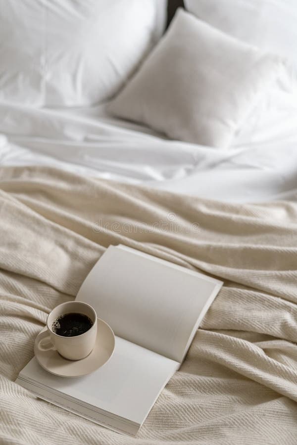Coffee Cup with Blank Page Diary Journal on Bed Stock Image - Image of ...