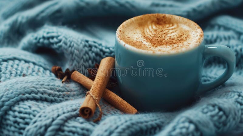 Coffee Cup on Blue Background with Cinnamon Sticks Stock Image - Image ...