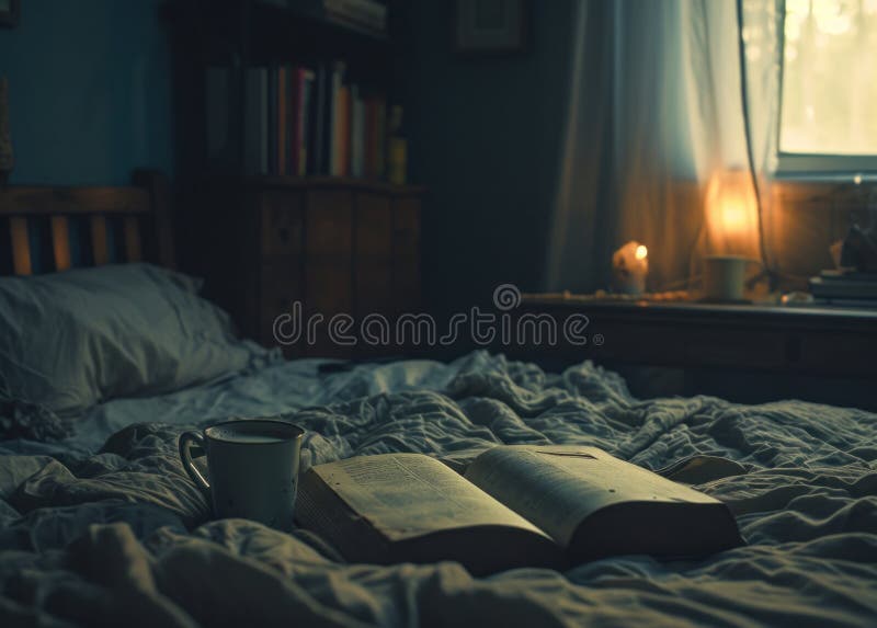 Coffee Cup with Book in the Morning on the Bed Stock Image - Image of ...