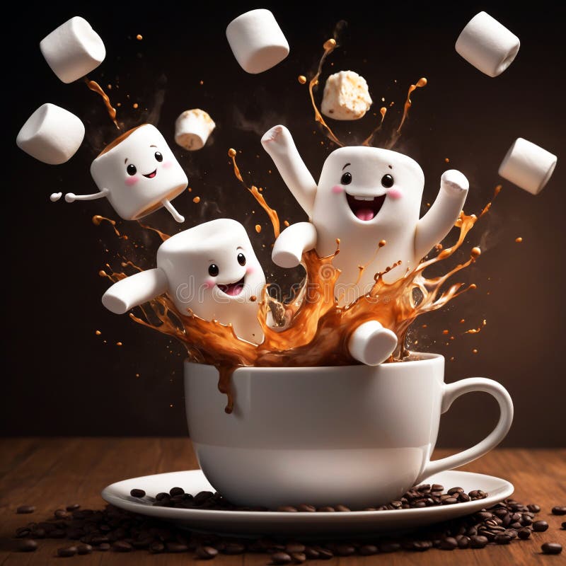 Coffee Cup with Bouncing Joyful Marshmallows and Coffee Beans Stock Illustration - Illustration ...