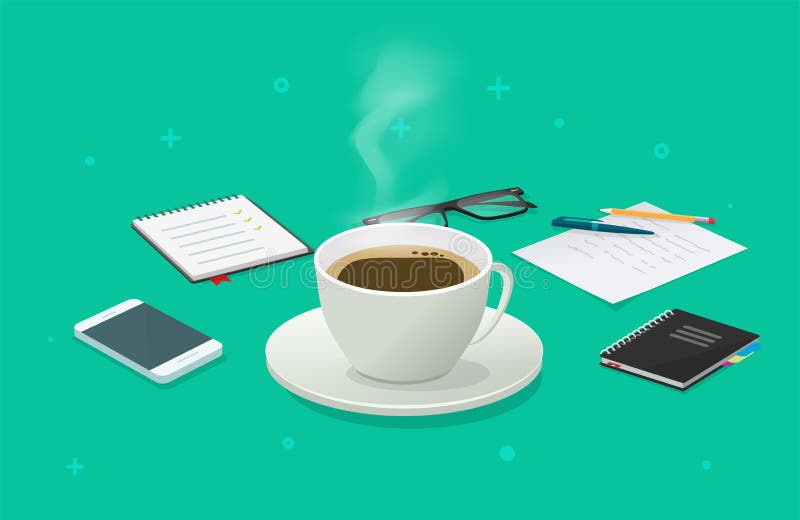 Coffee Break on Computer Workplace Desk Topview Flat Cartoon Vector or ...