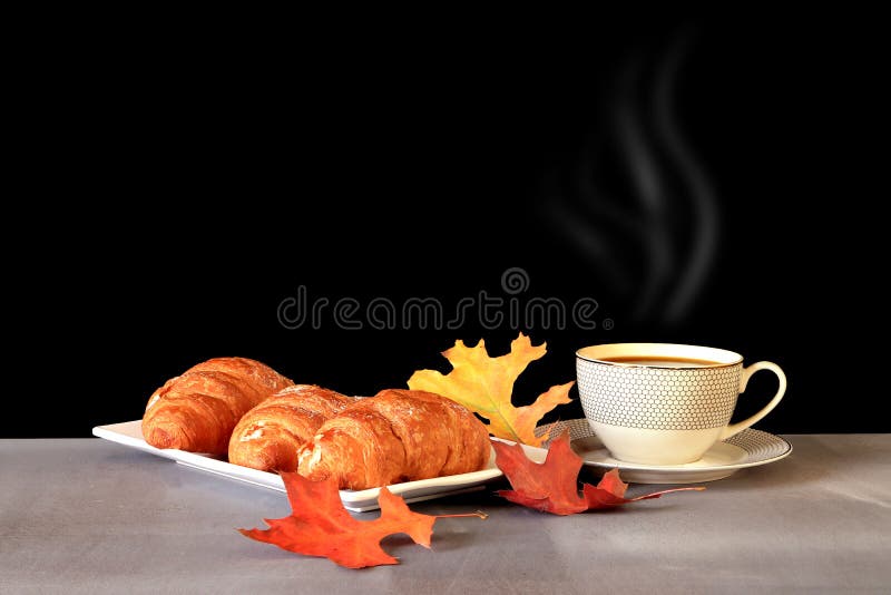 Coffee Cup and Breakfast and Autumn Maple Leaves are on a Wooden Table ...