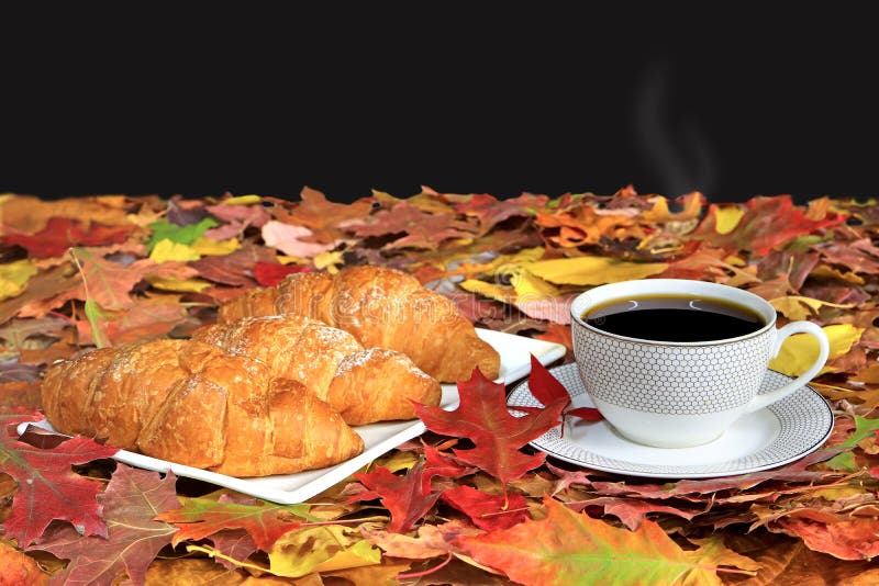 Coffee Cup and Breakfast and Autumn Maple Leaves are on a Wooden Table ...