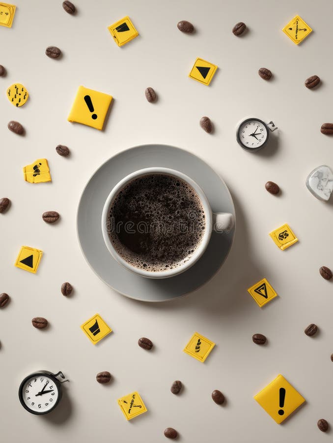 Coffee Cup Surrounded by Warning Signs and Clock Icons on a Clean ...