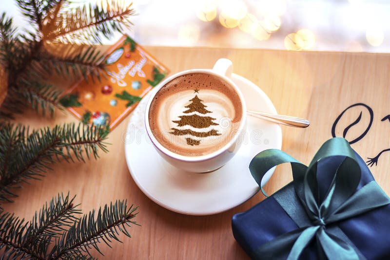 Coffee Cup with Christmas Tree Stock Photo - Image of foam, breakfast ...
