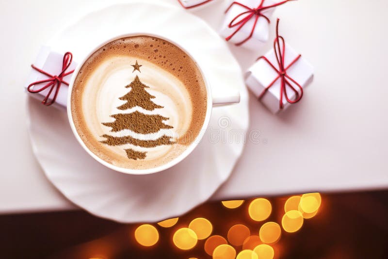 Coffee Cup with Christmas Tree Stock Photo - Image of wood, wooden ...