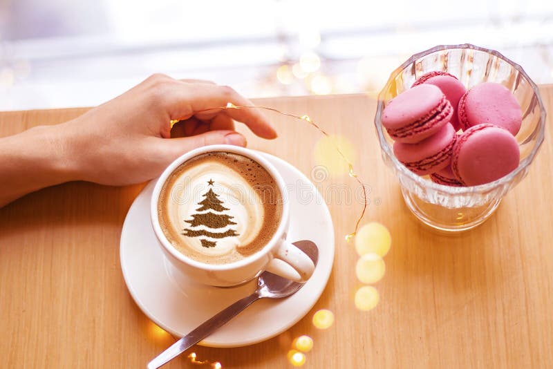 Coffee Cup with Christmas Tree Stock Image - Image of table, wood ...