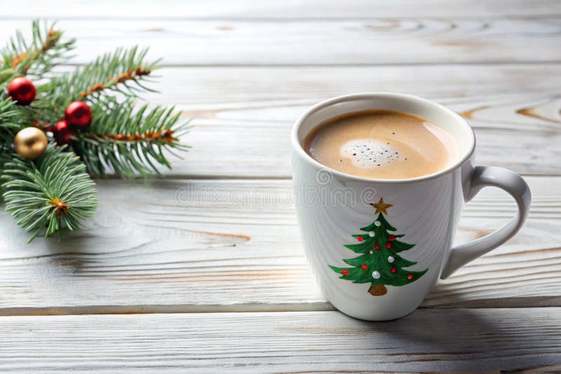 Coffee Cup with Christmas Tree on White Wood Table Stock Illustration ...