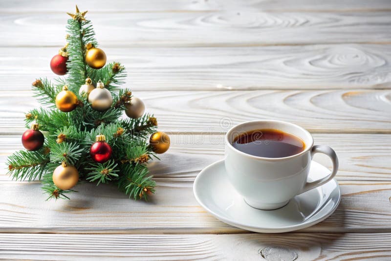Coffee Cup with Christmas Tree on White Wood Table Stock Illustration ...