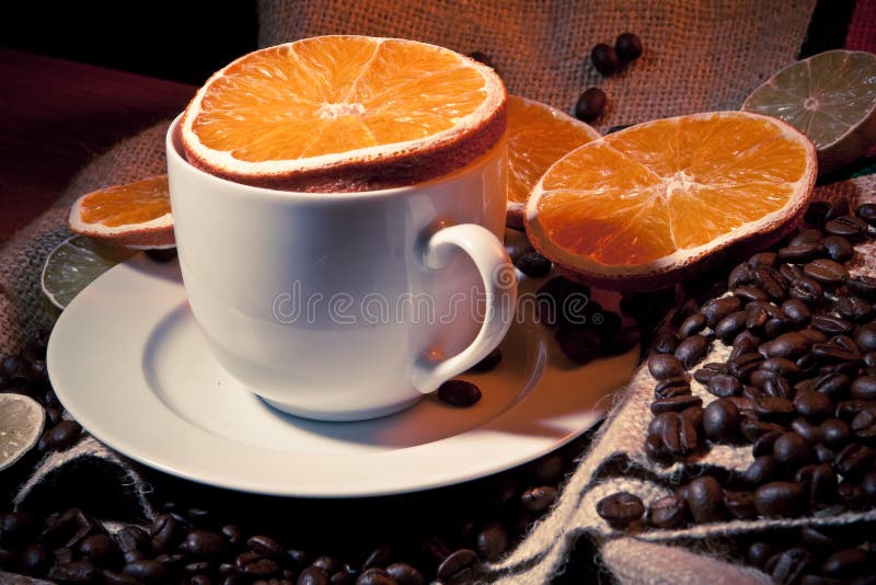 Coffee Cup with Coffee Beans, Orange and Lemon Stock Image - Image of ...