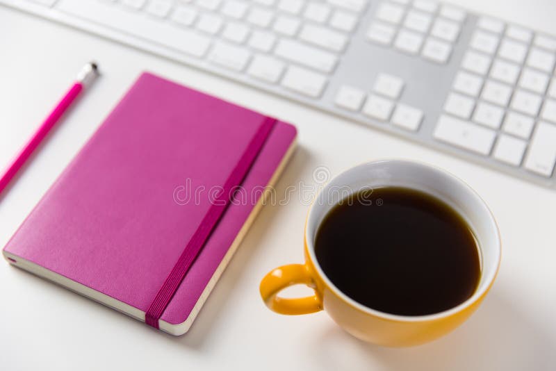 Coffee Cup And Computer Keyboard On Desk Stock Image - Image of notepad ...