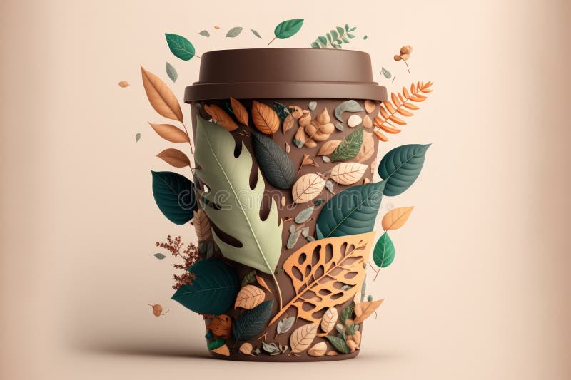 A Coffee Cup Covered in Leaves. Lay Flat Stock Illustration ...