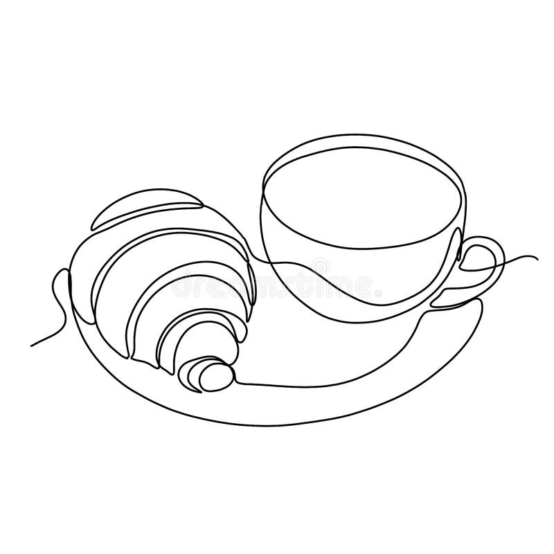 Coffee Cup with Croissant in Continuous Line Art Drawing Style. Stock ...