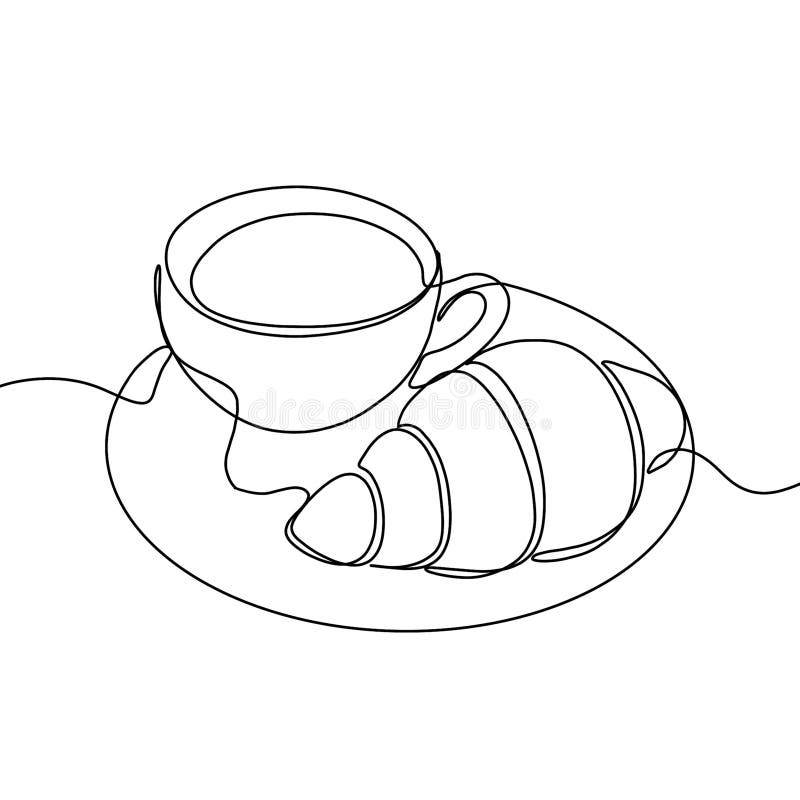 Coffee Cup with Croissant in Continuous Line Art Drawing Style. Stock ...