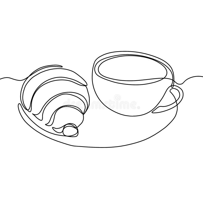 Coffee Cup with Croissant in Continuous Line Art Drawing Style. Stock ...