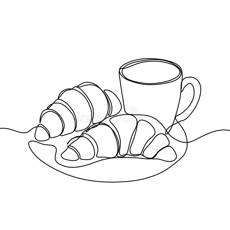 Coffee Cup with Croissant in Continuous Line Art Drawing Style. Stock ...