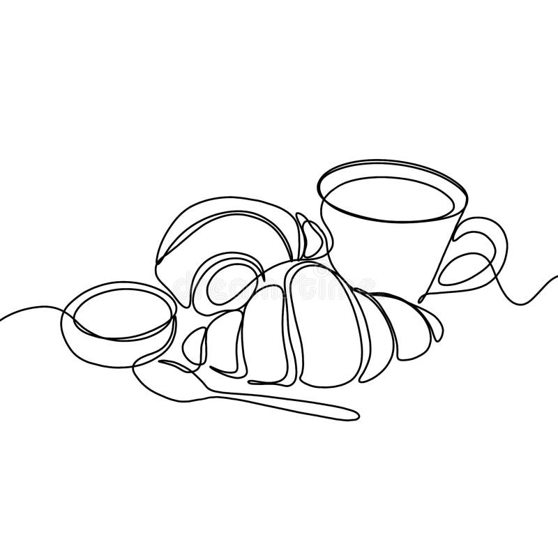 Coffee Cup with Croissant in Continuous Line Art Drawing Style. Stock ...