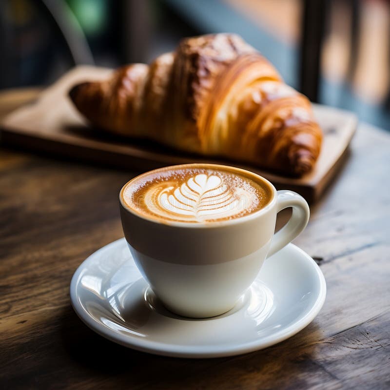 Coffee Cup with Croissant on Wooden Table in Coffee Shop Stock ...