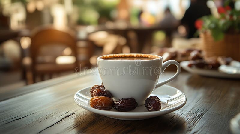 Coffee Cup with Dates on Wooden Table in Cafe Stock Image - Image of ...