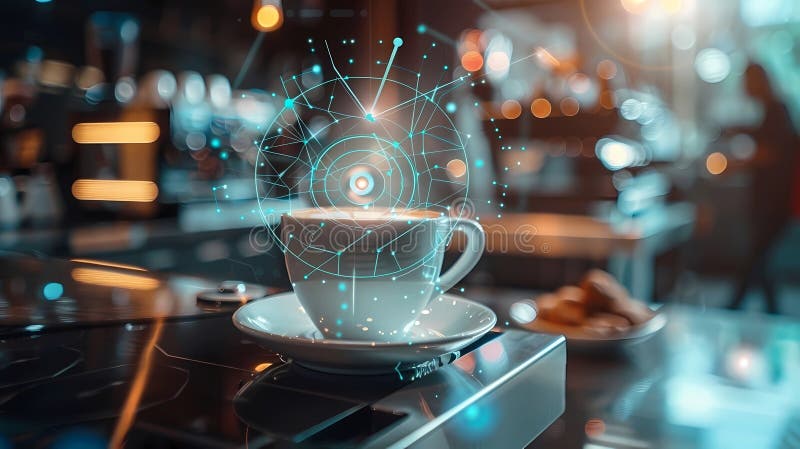 Coffee Cup with Digital Business Hologram, Generative AI Illustrations ...