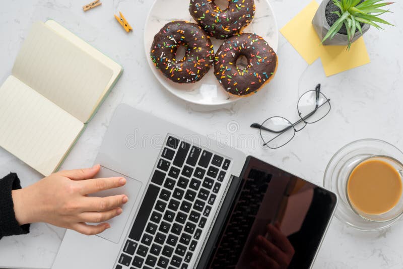 Coffee Cup with Donut and Computer Stock Photo - Image of computer ...