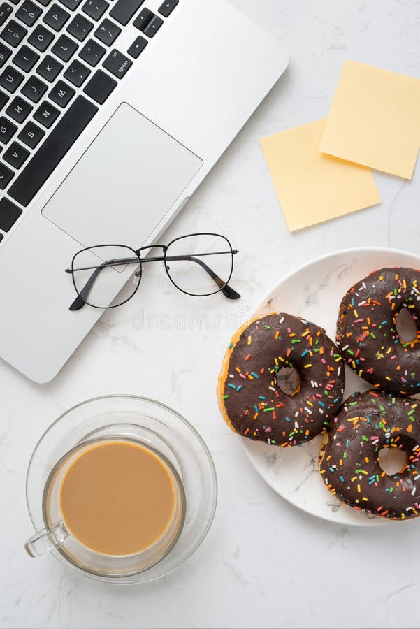 Coffee Cup with Donut and Computer Stock Image - Image of donut ...