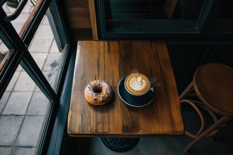Coffee Cup with Donut on Wooden Table in Coffee Shop Stock Illustration ...
