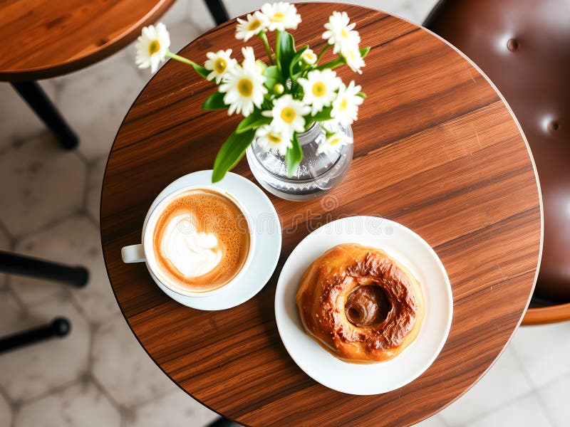 Coffee Cup and Donut on Wooden Table, Top View Stock Photo - Image of ...