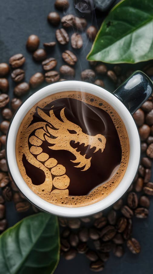 Coffee Cup with Dragon Latte Art and Coffee Beans on the Side Stock ...