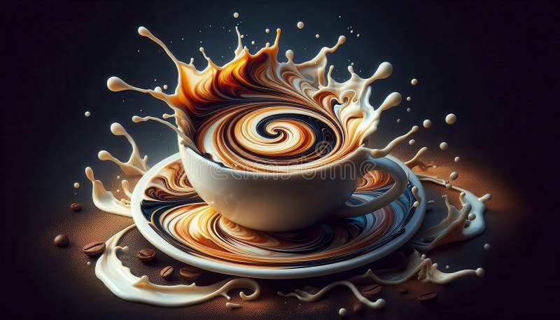 A Coffee Cup with a Dynamic Explosion of Coffee and Milk Forming a ...
