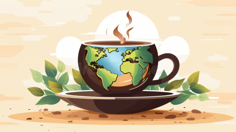 Coffee Cup with the Earth on the Cup and Leaves on the Ground Vector ...