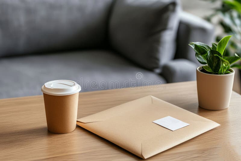 Coffee Cup and Envelope on Wooden Table in Office Setting Stock Image ...