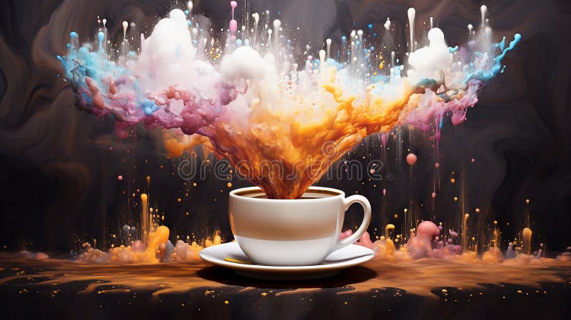 A Coffee Cup Exploding into a Vibrant Cloud of Colors, a Joyful Sensory ...