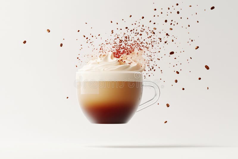 Coffee Cup Floating with Whipped Cream and Coffee Beans Exploding Stock ...