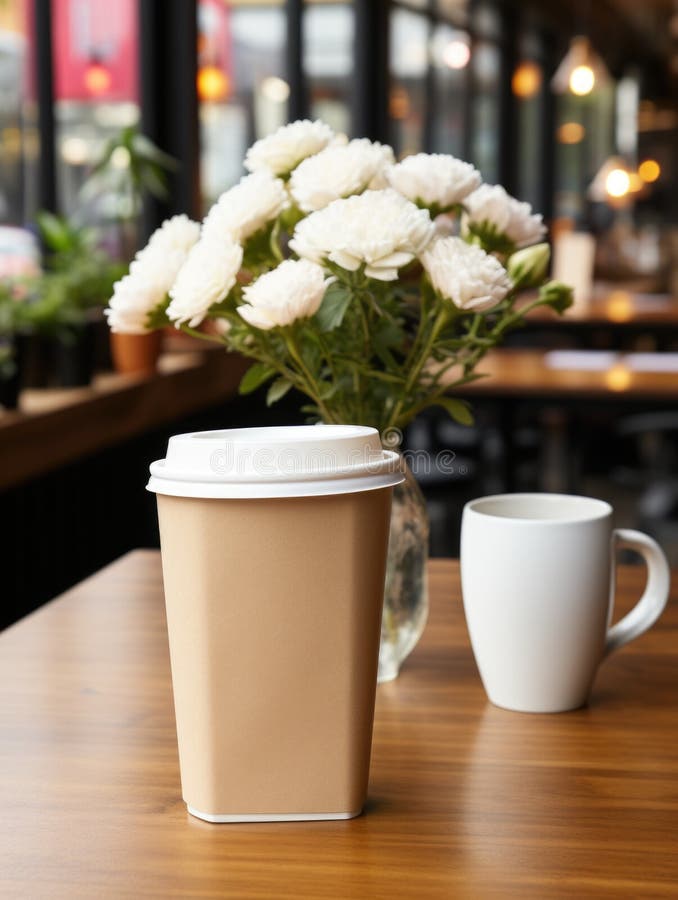 A Coffee Cup and a Flower Vase on a Table, AI Stock Image - Image of ...