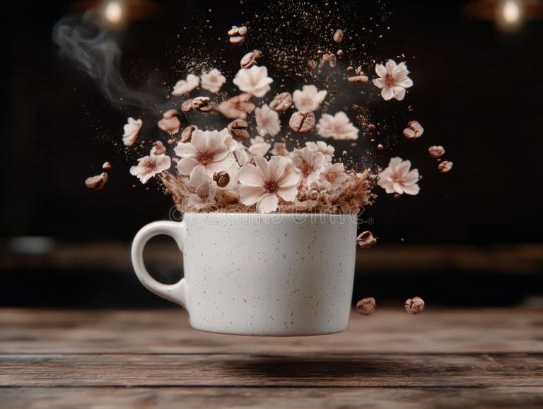 Coffee Cup with Flowers and Coffee Beans Exploding Out of it. Stock ...