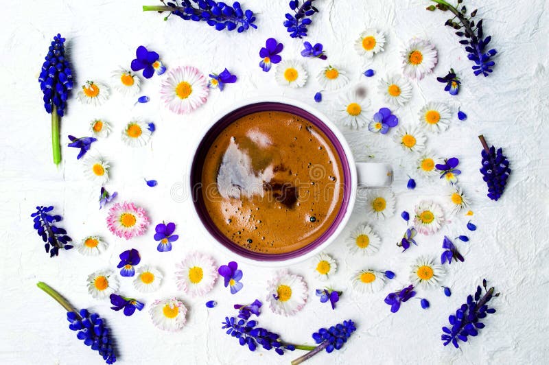 Coffee Cup and Spring Flowers on White Background Flat Lay Stock Image ...