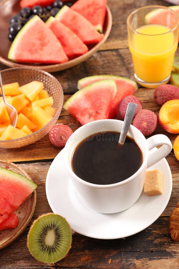 Coffee cup and fruit stock image. Image of watermelon - 121479067