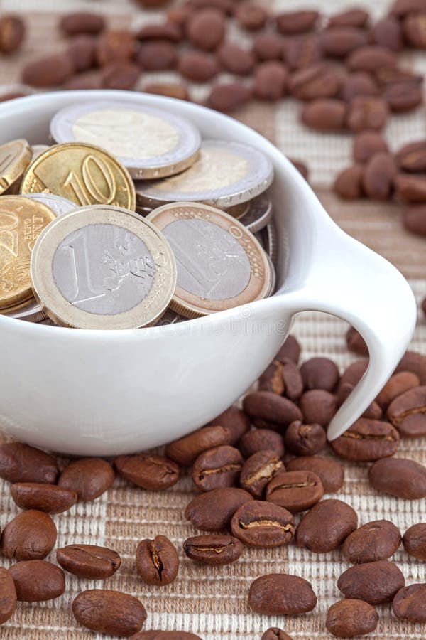 Coffee Cup Full of Euro Coins Stock Photo - Image of textile, grain ...