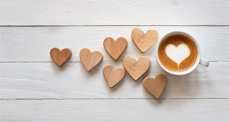 Coffee Cup with Heart Foam and Wooden Hearts on Rustic White Background ...