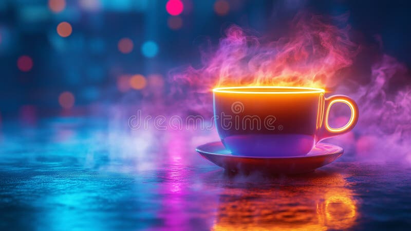 Coffee Cup Illuminated by Vibrant Neon Lights Stock Image - Image of ...