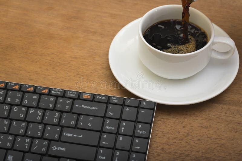 Coffee Cup and Keyboard on the Wooden Stock Photo - Image of coffee ...