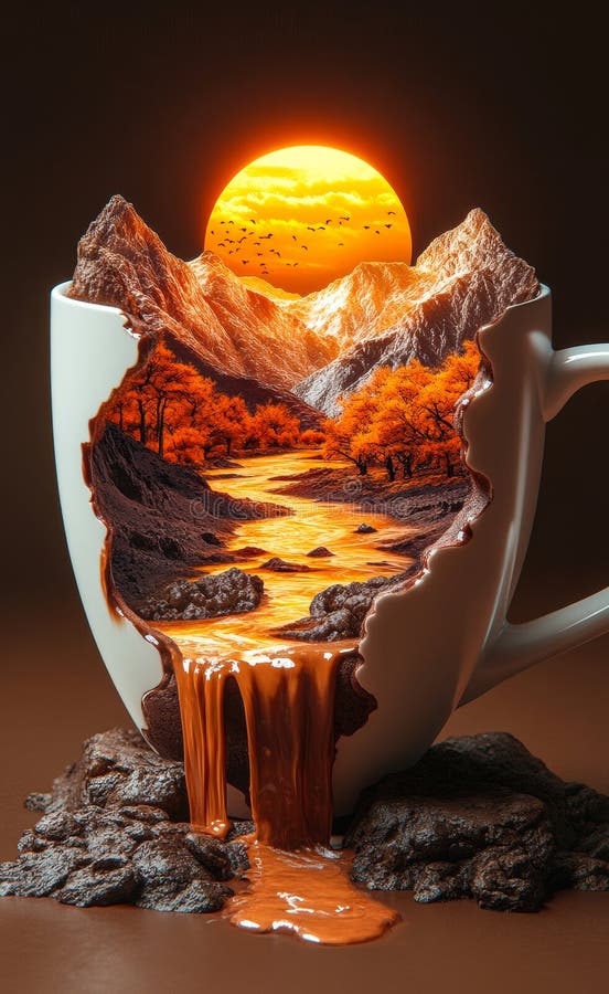 Coffee Cup Landscape with Flowing River Stock Image - Image of design ...