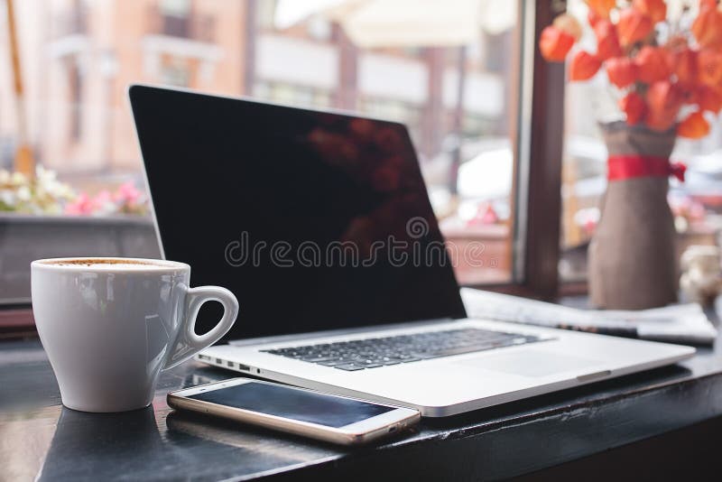 Coffee Cup , Laptop in Coffee Shop , for Business, Stock Photo - Image ...