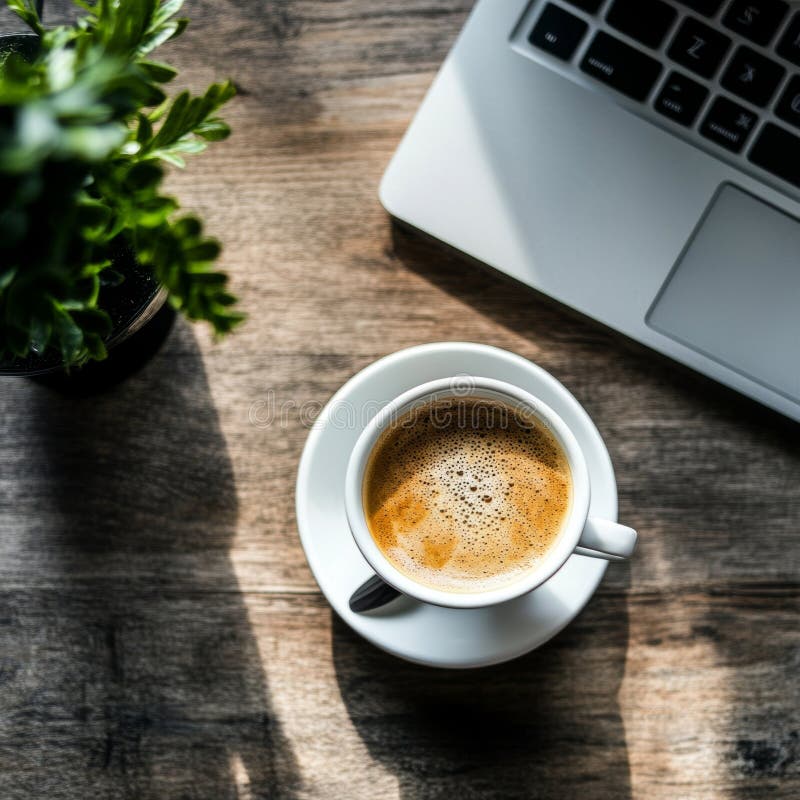 Coffee Cup and Laptop on Wooden Table, Top View. Stock Illustration ...