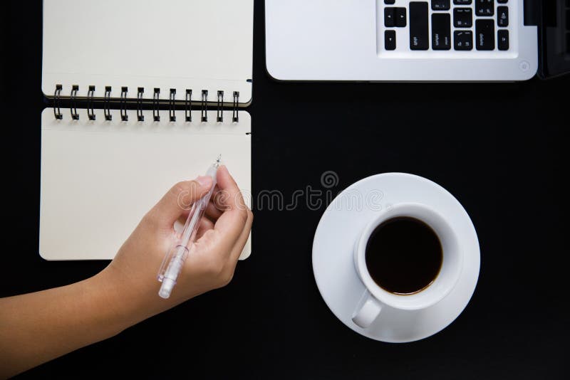 Coffee Cup and Laptop with Writing Note on the Black Table Stock Image ...