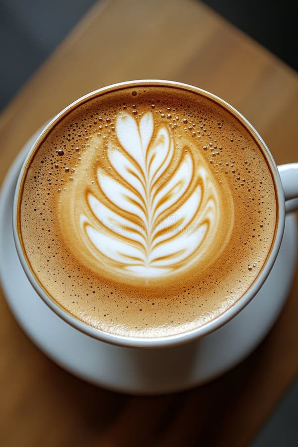 Coffee Cup with Latte Art Forming a Beautiful Leaf Design, Sitting on a ...